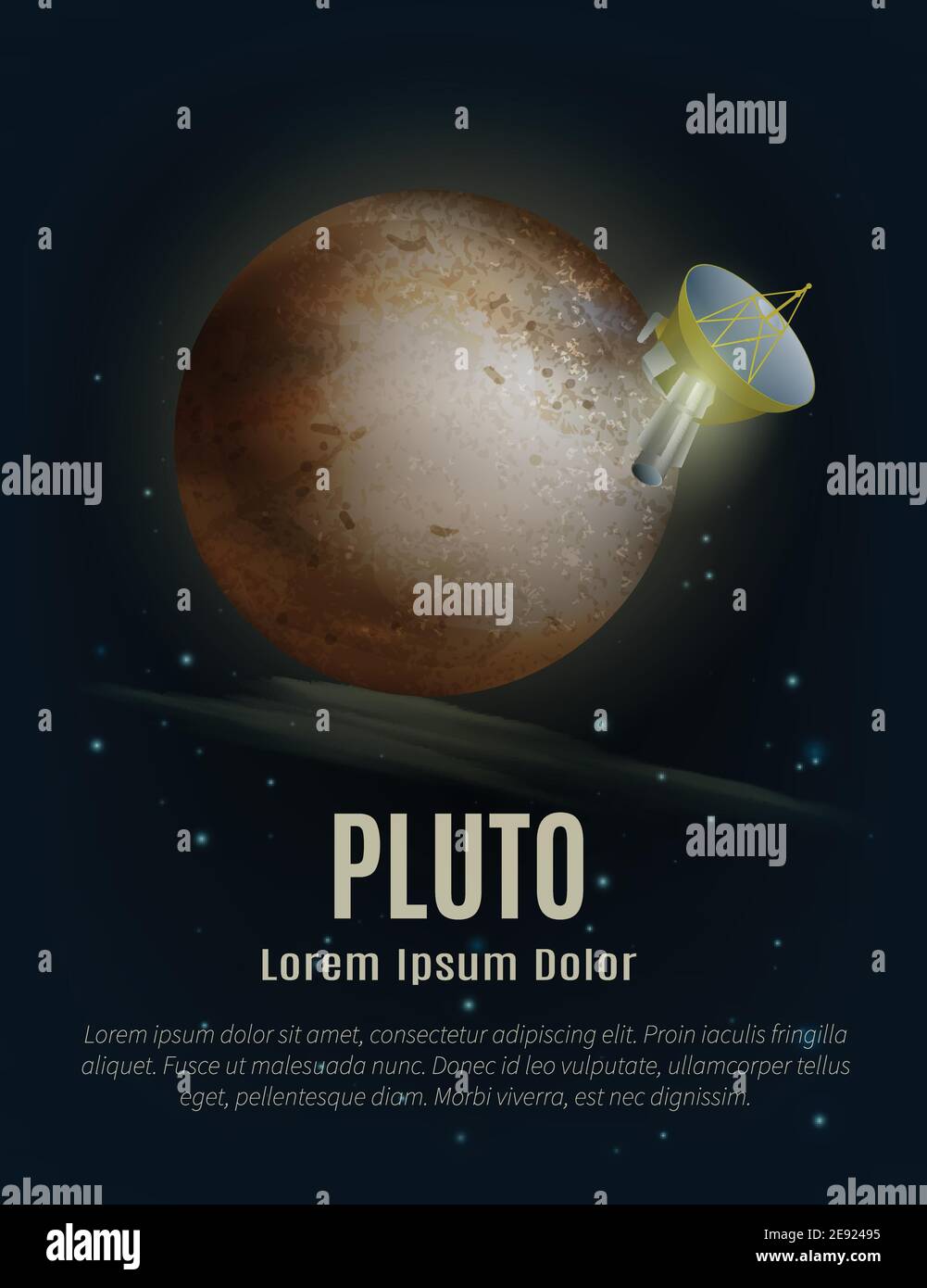 Pluto planet poster with artificial satellite space and stars cartoon ...