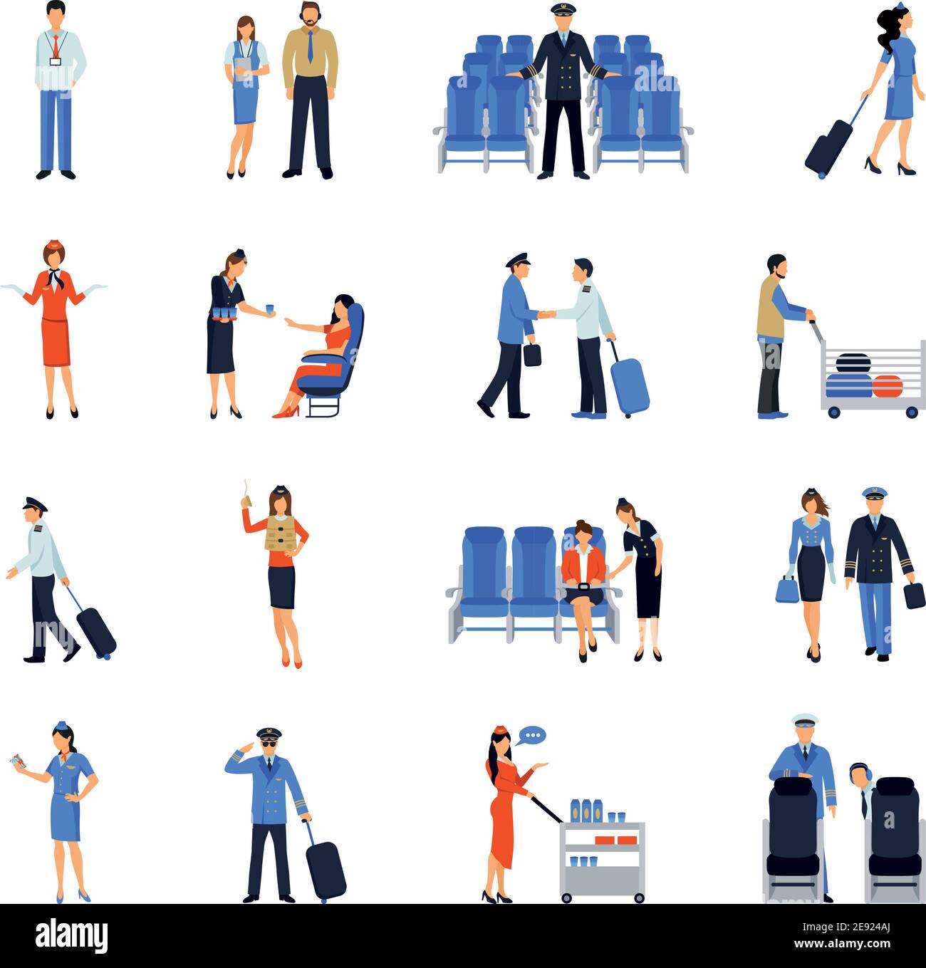 Pilot and stewardess at work during the flight and at the airport flat ...