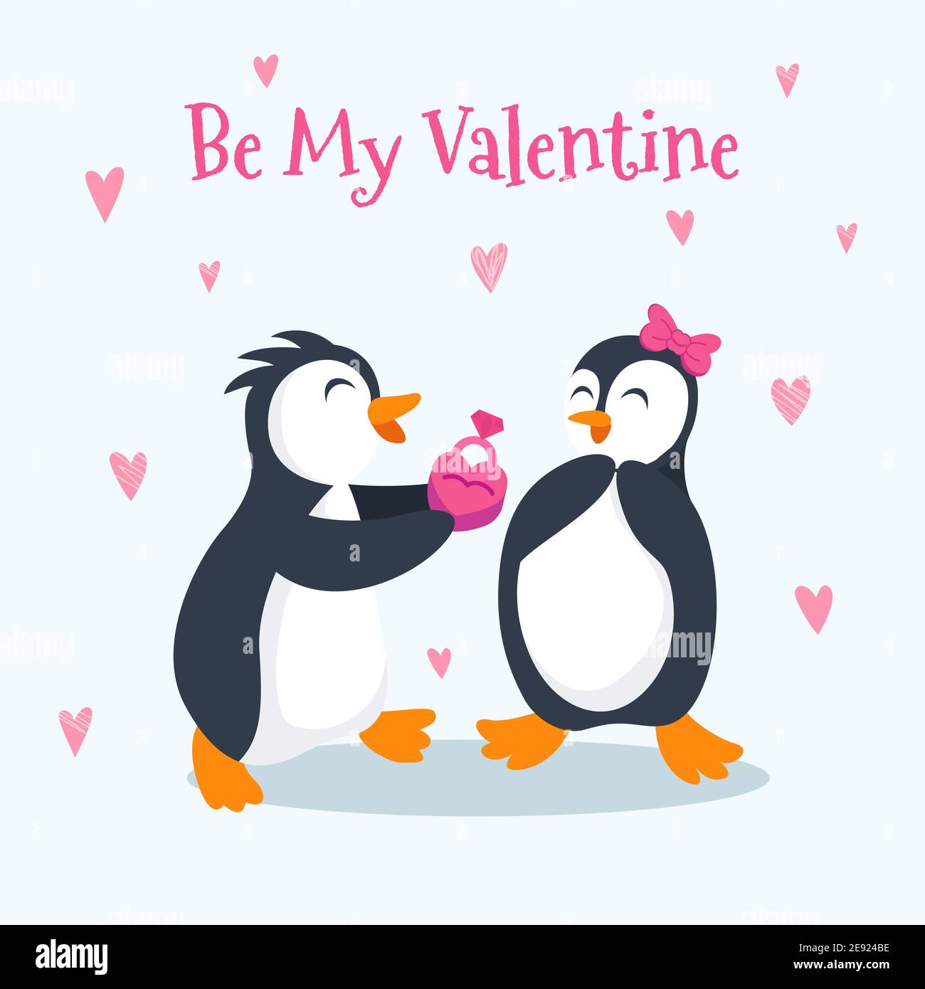 Valentine's day card vector illustration. Cute penguin couple proposing ...