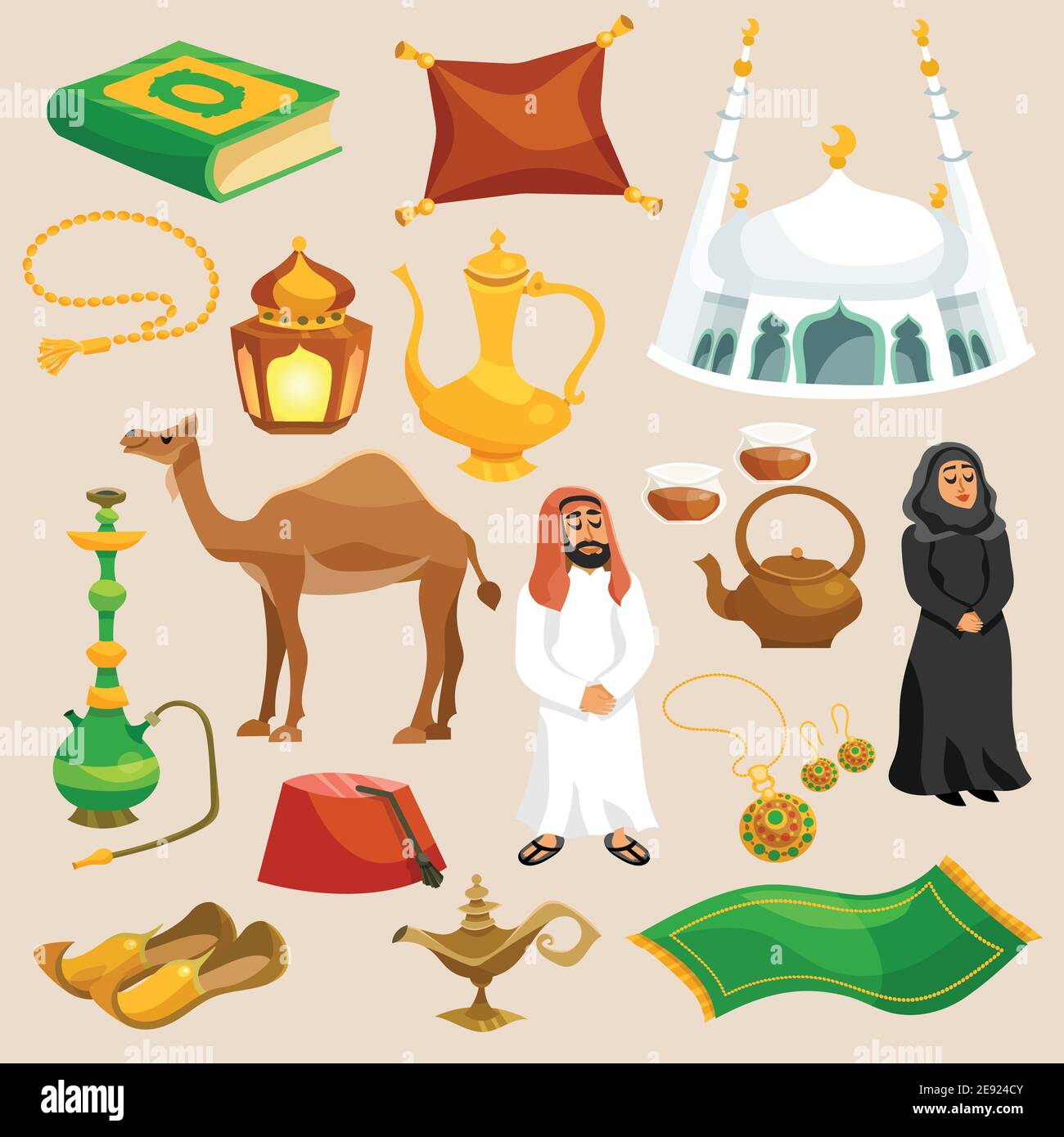 Arabic and eastern culture decorative cartoon icons set isolated vector ...