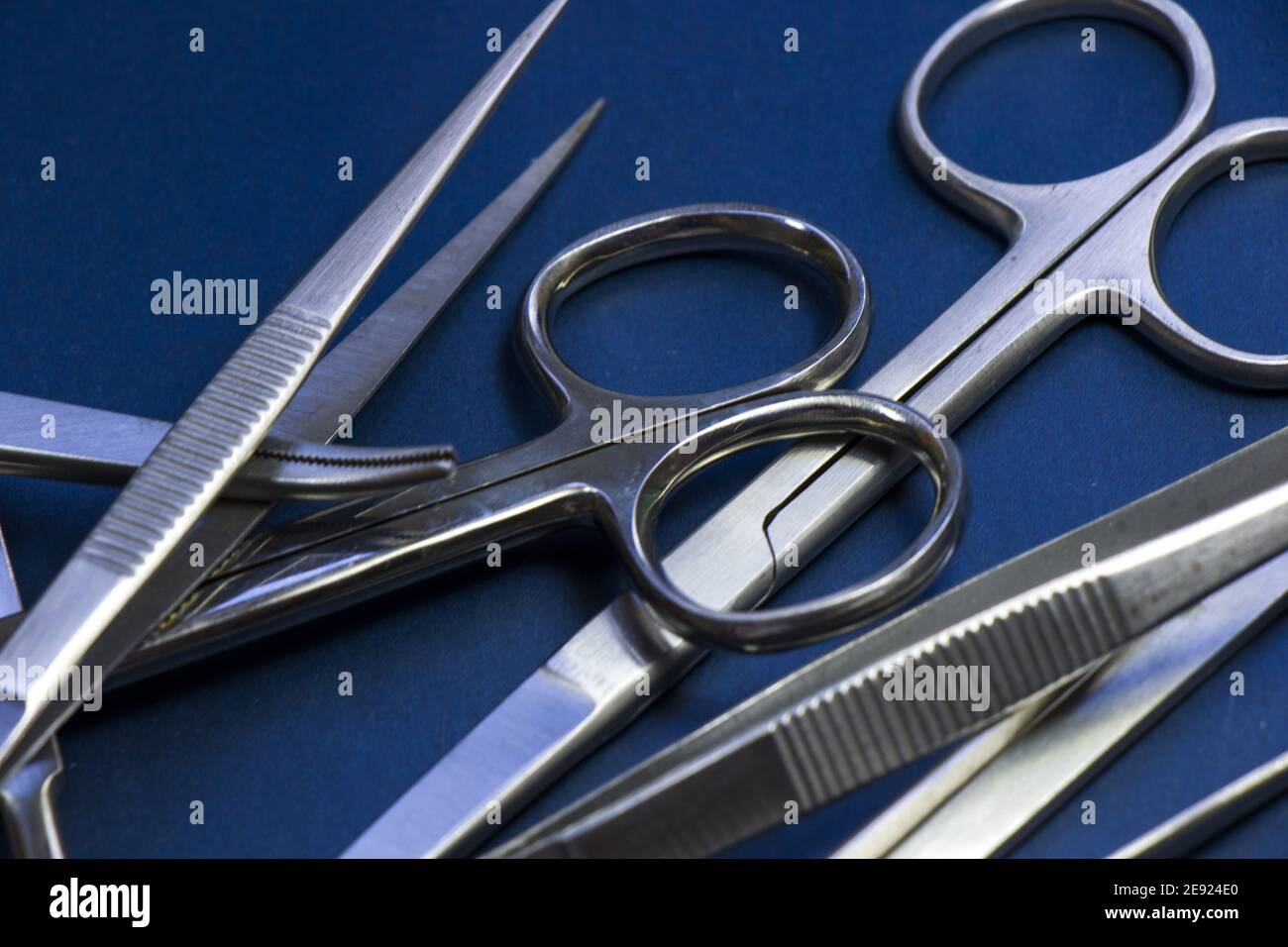 Set of stainless dissecting kits against blue background Stock Photo ...