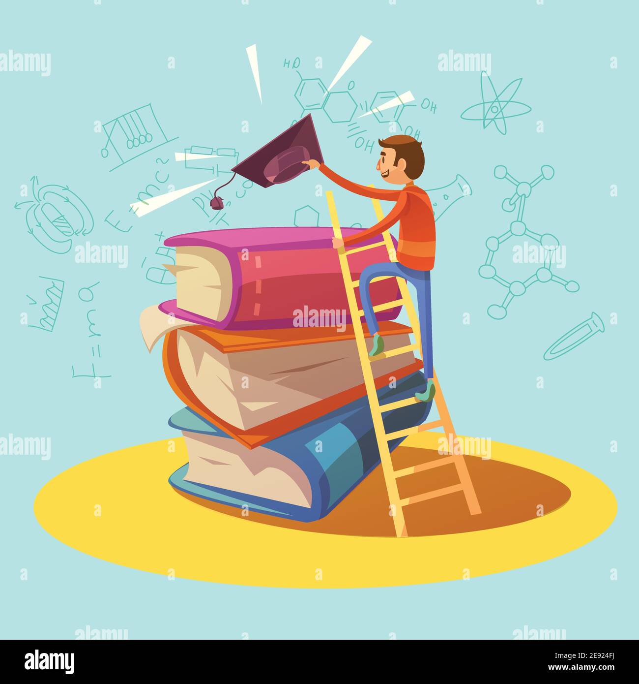Education retro cartoon concept with boy climbing on books vector ...