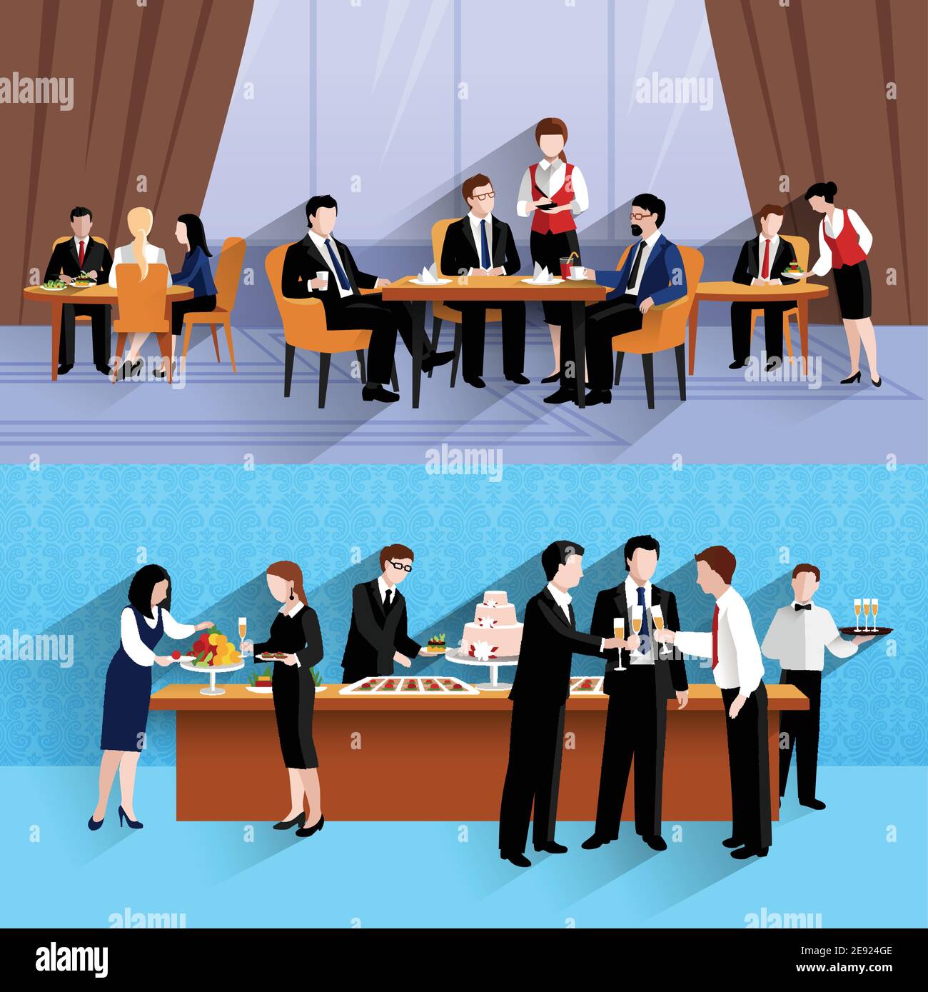 Business people lunch at work two horizontal banners composition of ...
