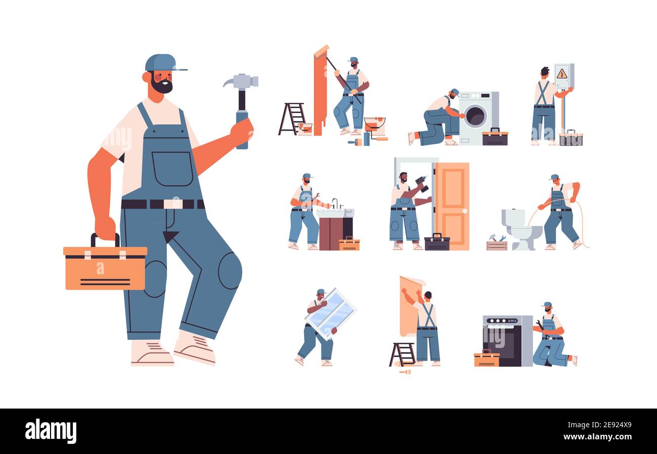 set mix race professional repairmen in uniform making house renovation ...