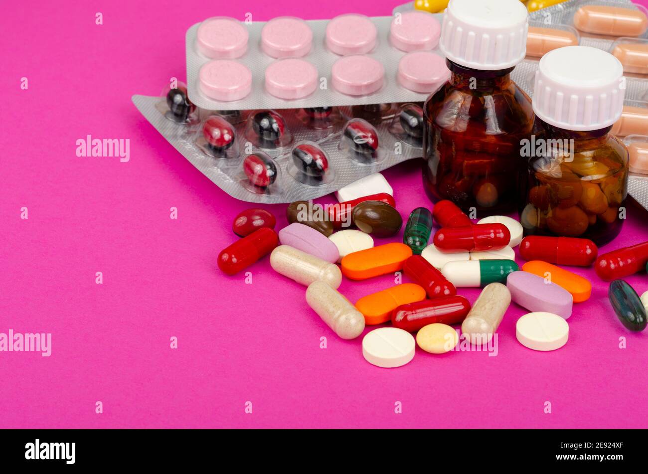 Disease and treatment. Medicine concept. Medication and packaging on ...