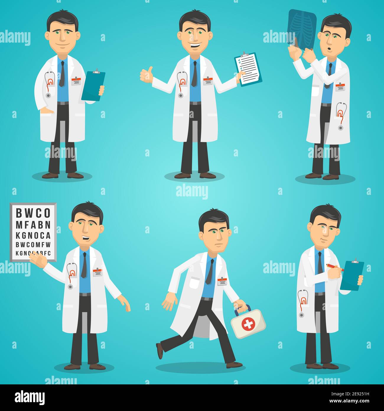 Male doctor character set with test results x-ray and first aid kit ...