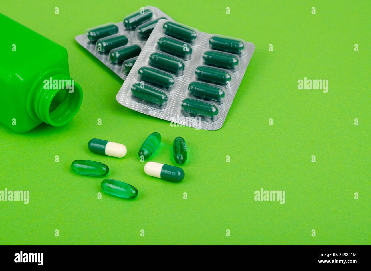 Disease and treatment. Medicine concept. Medication and packaging on ...