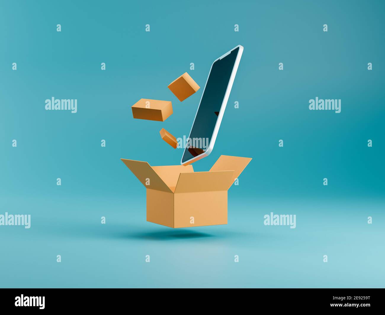 smartphone with box and small delivery packages on blue background. m ...