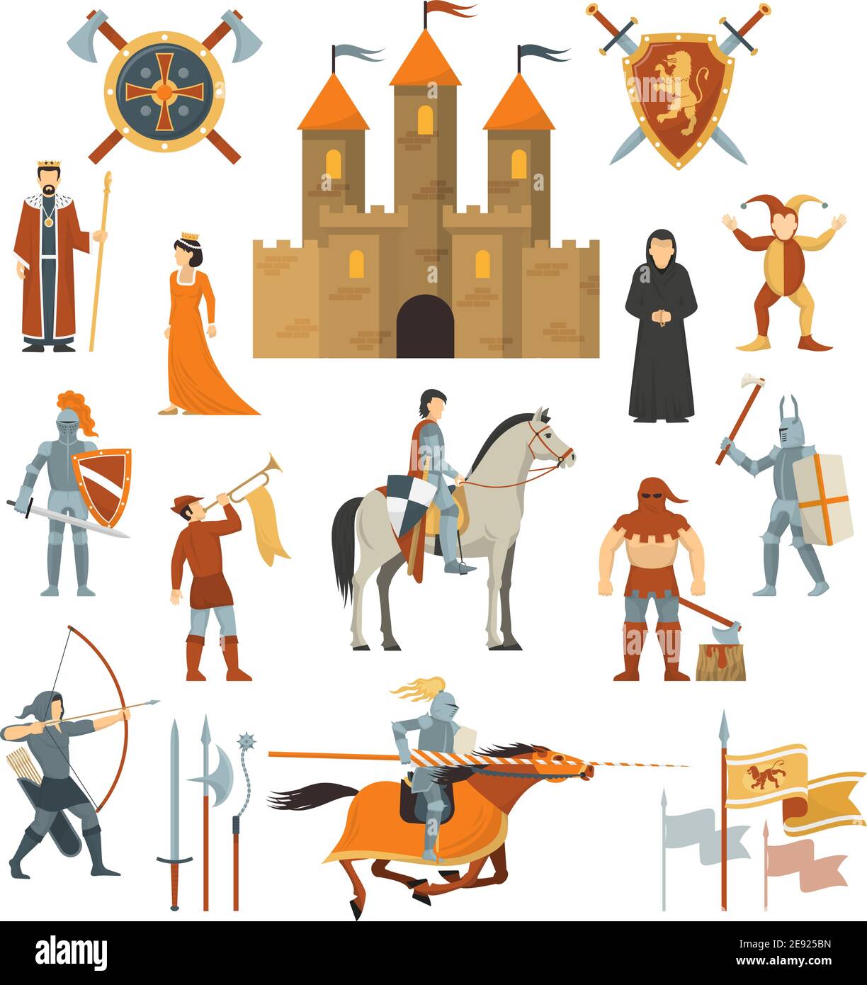 Medieval isolated decorative icons set of knightly castle crusader ...