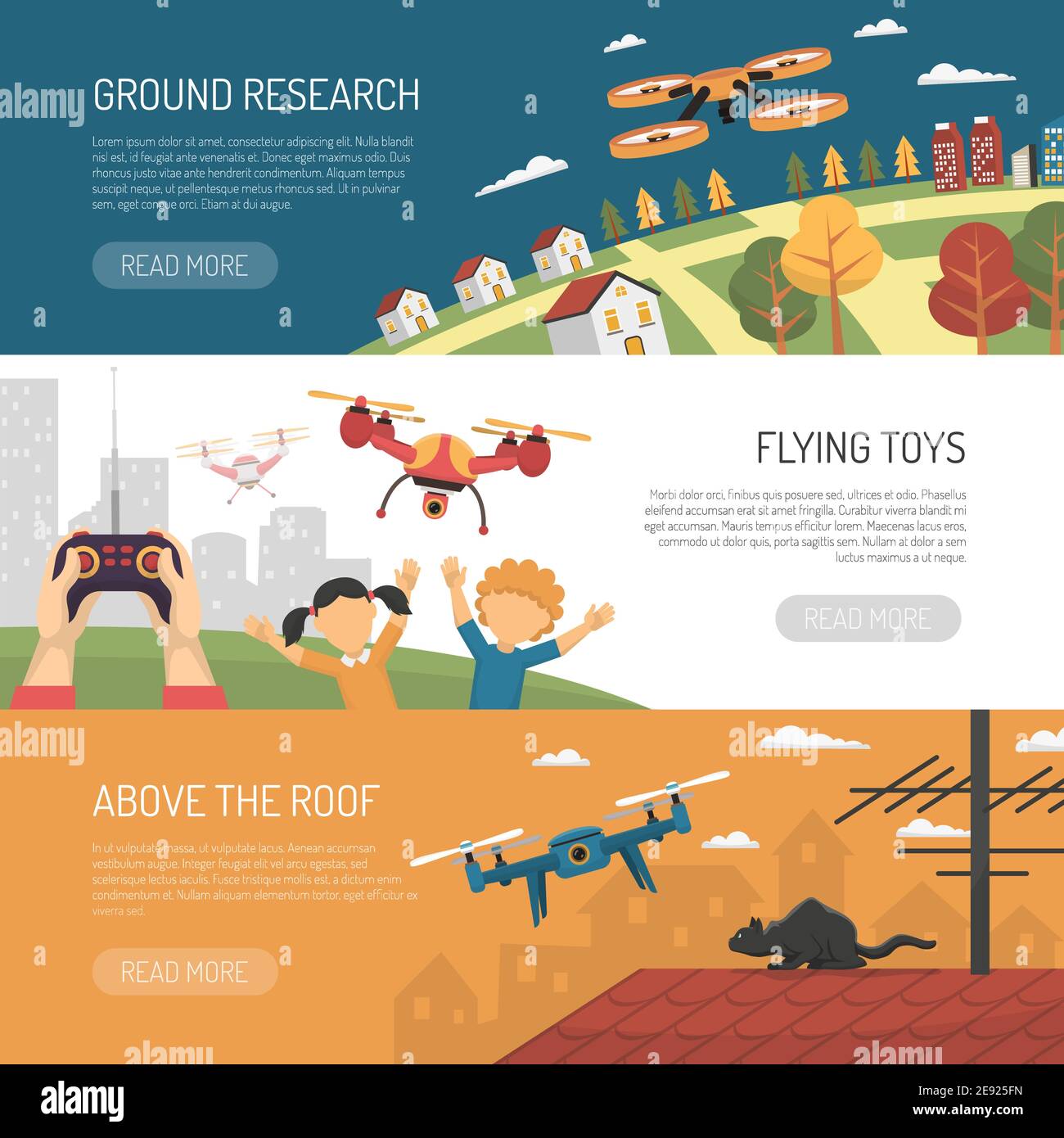 Three horizontal banners about use of drone with ground research and ...