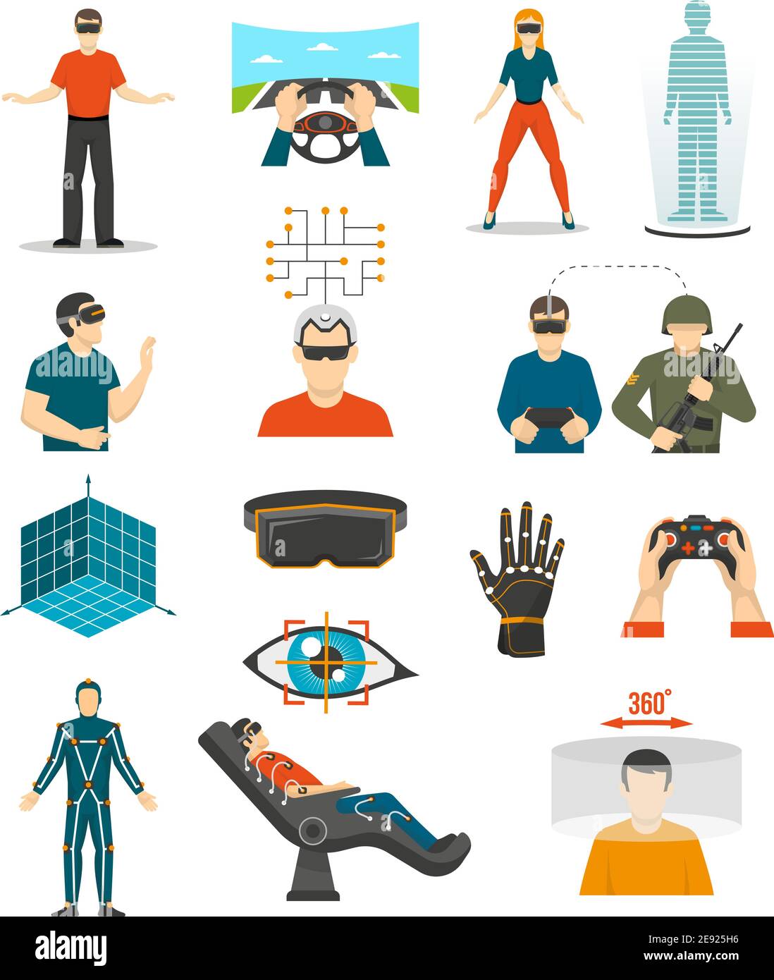 Virtual reality video games icons set with joystick in people hands ...