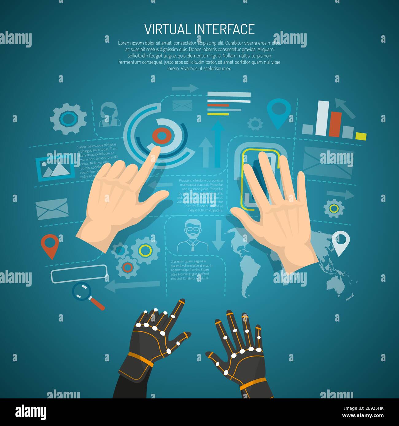 Virtual interface design concept with man hands and wired gloves ...
