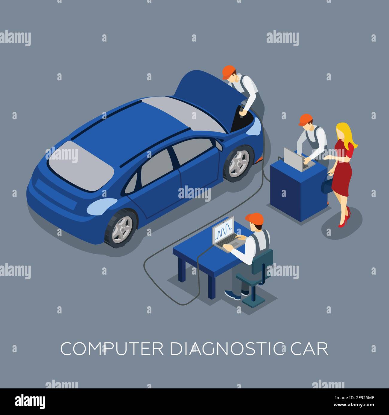 Auto service computer car diagnostic isometric banner with mechanics ...