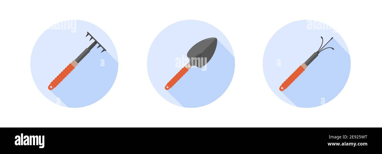 Garden tool icons. Shovel, rake and hand cultivator isolated on white ...