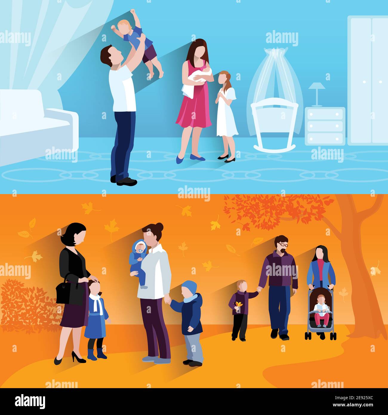 Parenting 2 flat banners square composition outdoors walking children ...