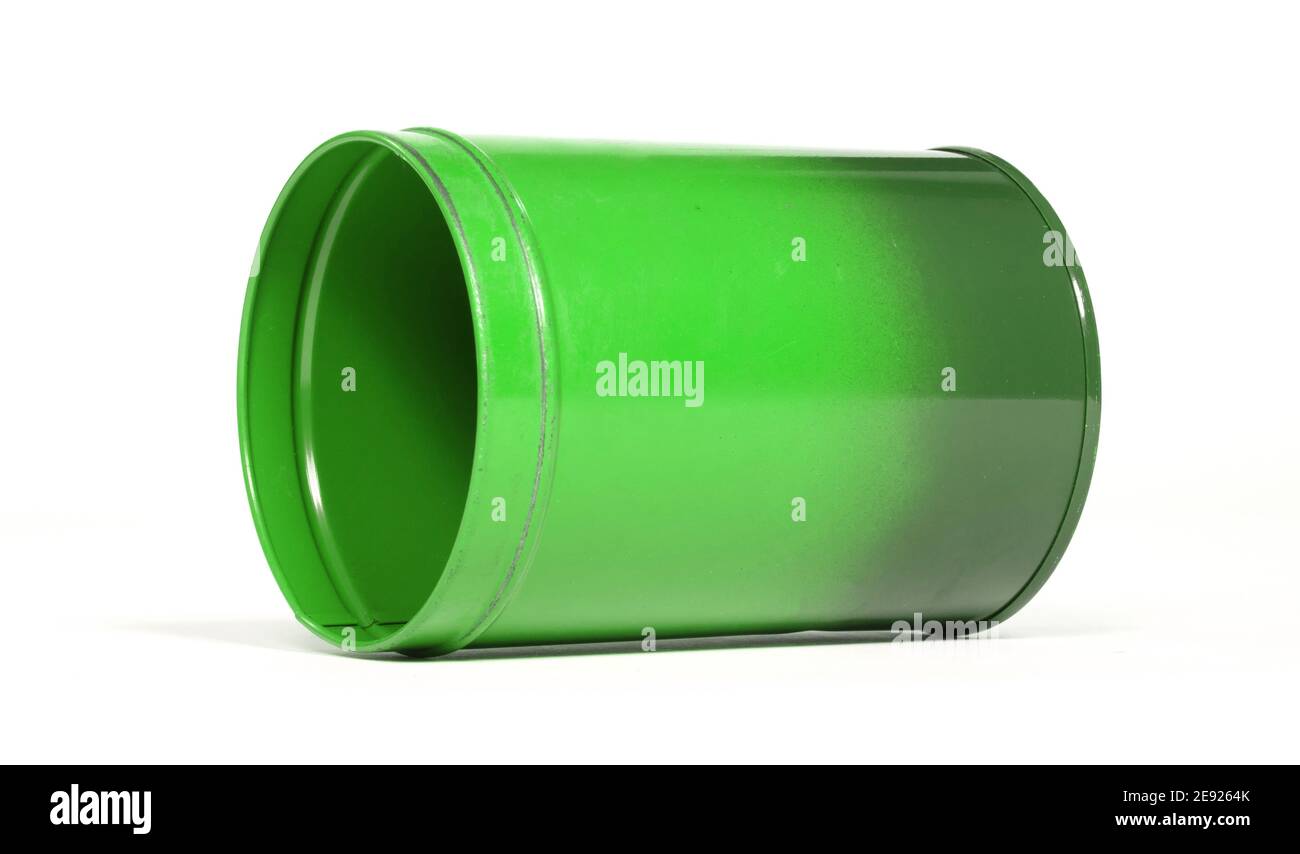 Old green tin can, isolated on white background Stock Photo - Alamy