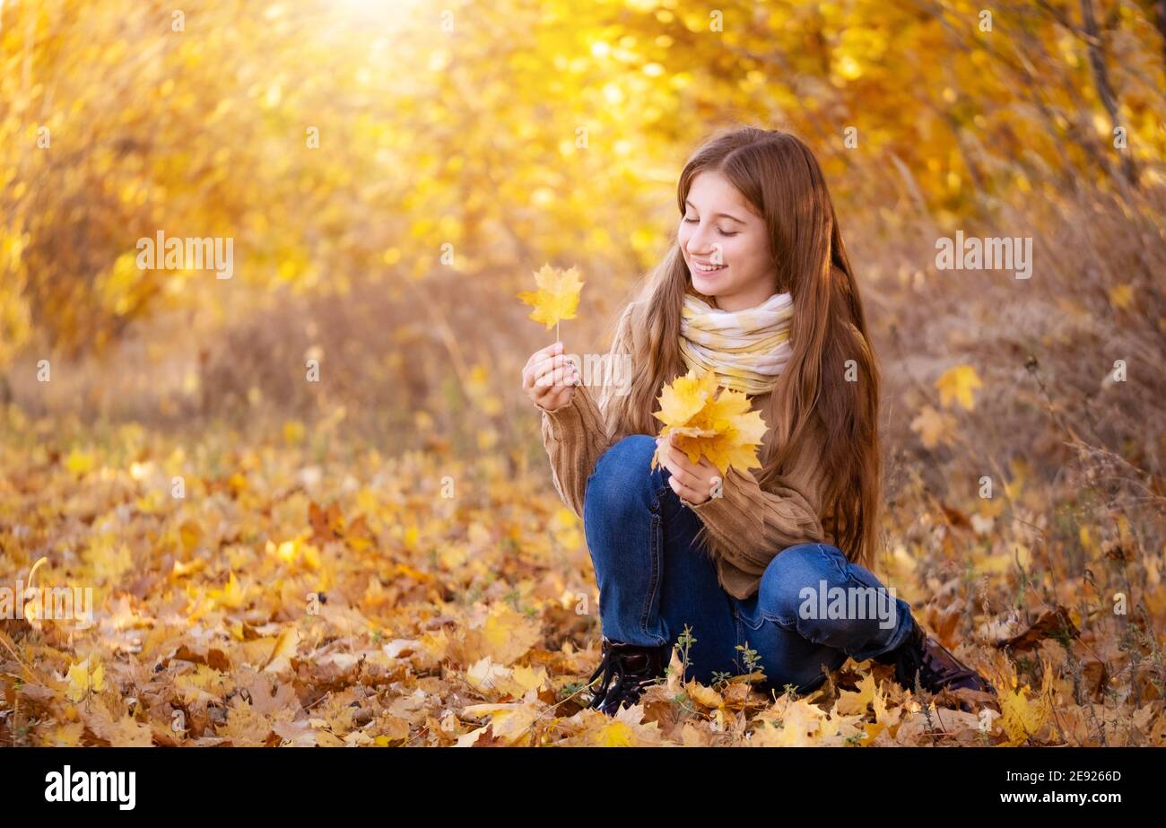 Cute girl collecting autumn leaves in park Stock Photo - Alamy