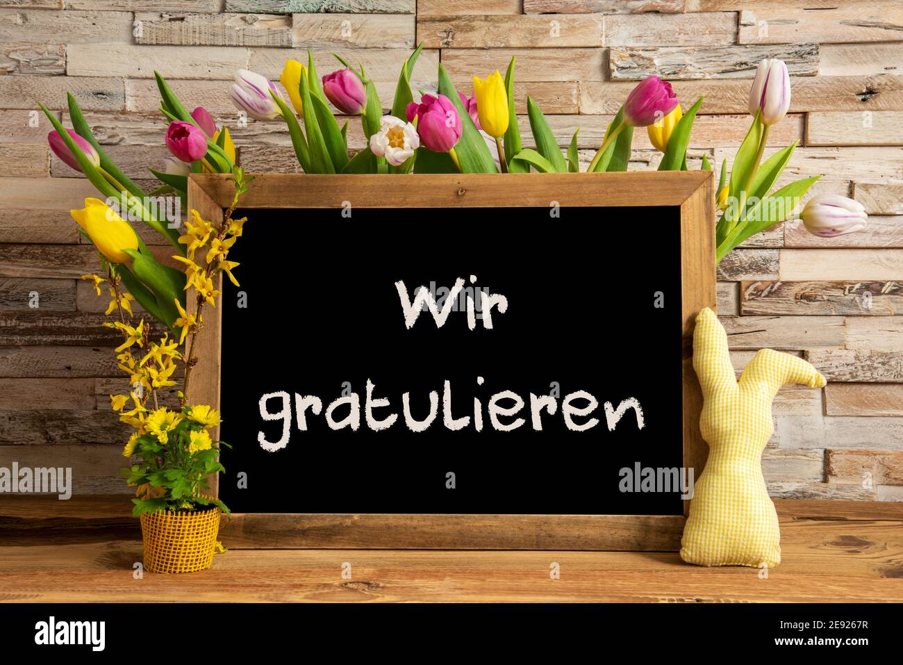 Tulip, Bunny, Brick Wall, Blackboard, Wir Gratulieren Means ...