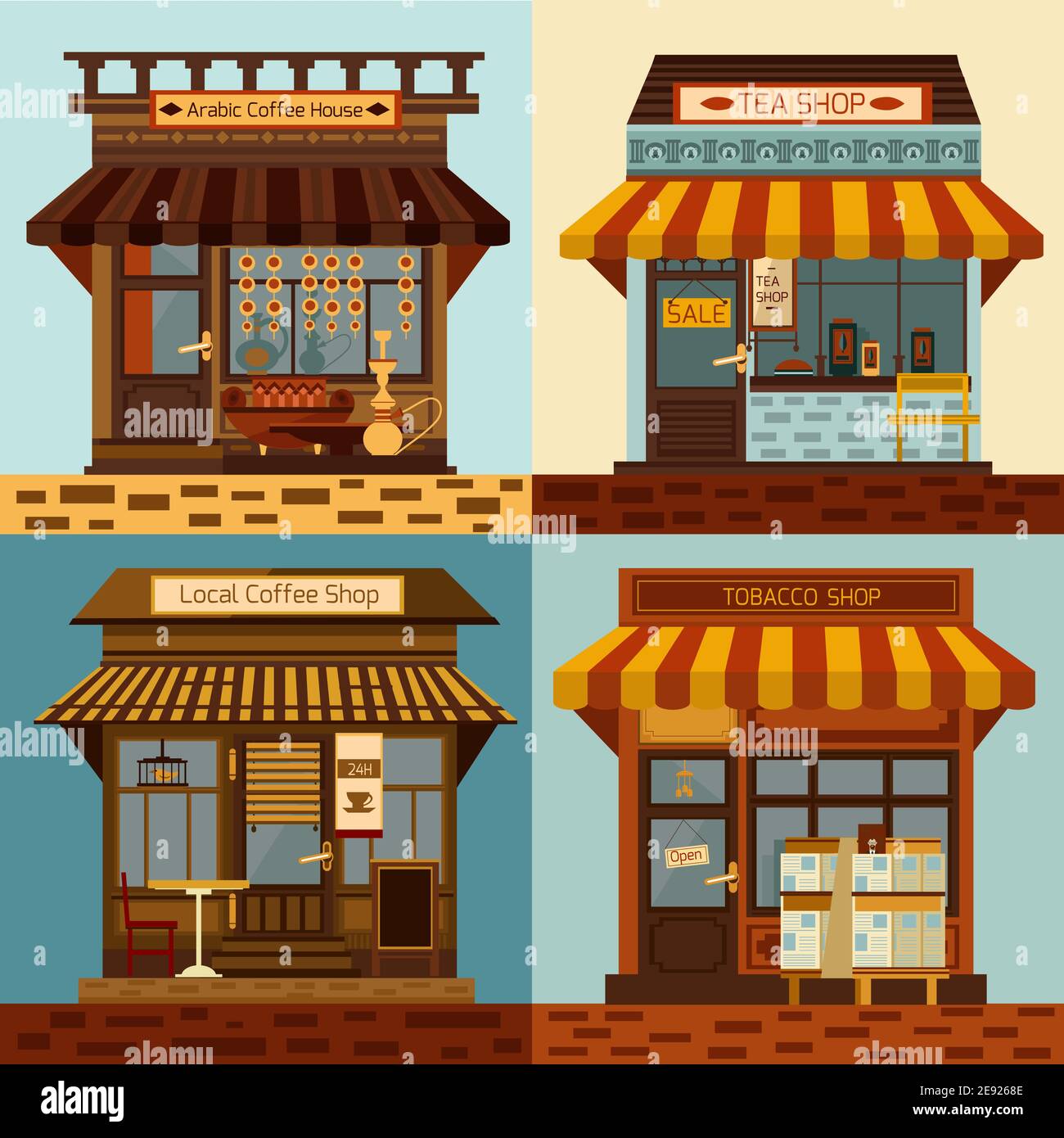 Shops and local mini stores facades set isolated vector illustration ...
