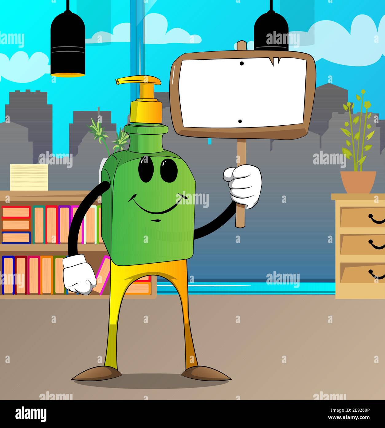 Cartoon bottle of hand sanitizer gel for hygiene with face holding ...