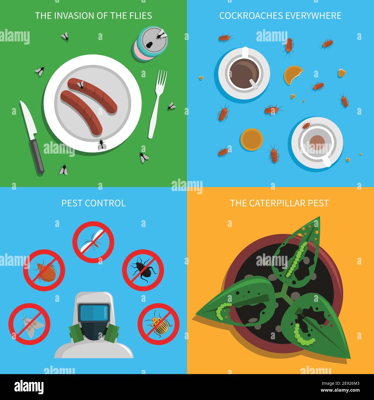 Pest design concept set with flies cockroaches and caterpillars control ...