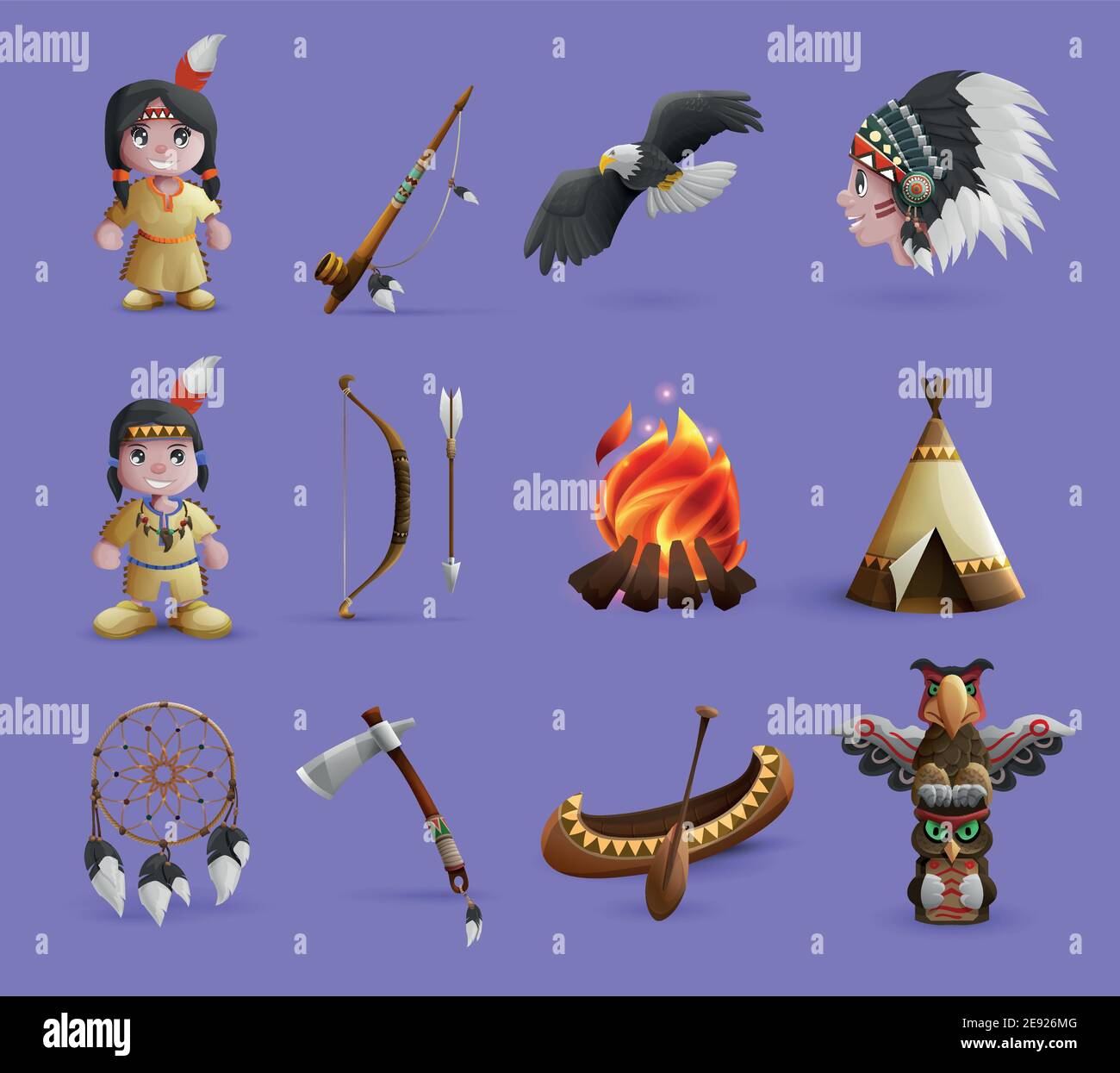 Native american cartoon icons set with figurines in national dress and ...
