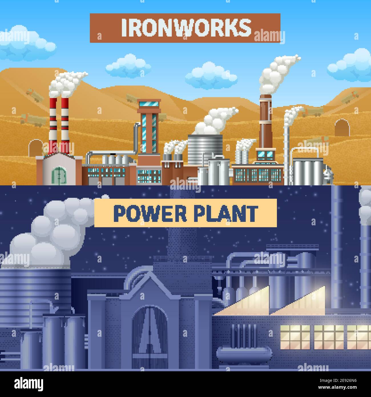 Factory building horizontal realistic banners set with ironworks and ...