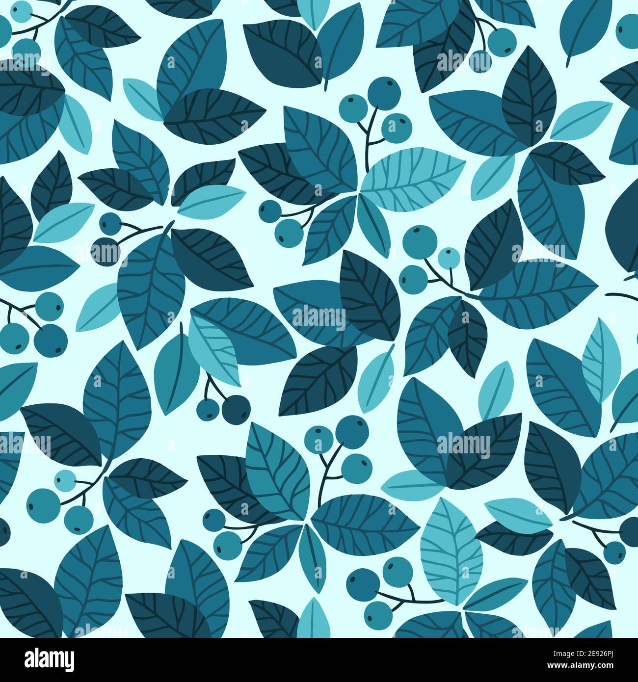Blue trends leaves and berries. Hand-drawn vector seamless pattern for ...
