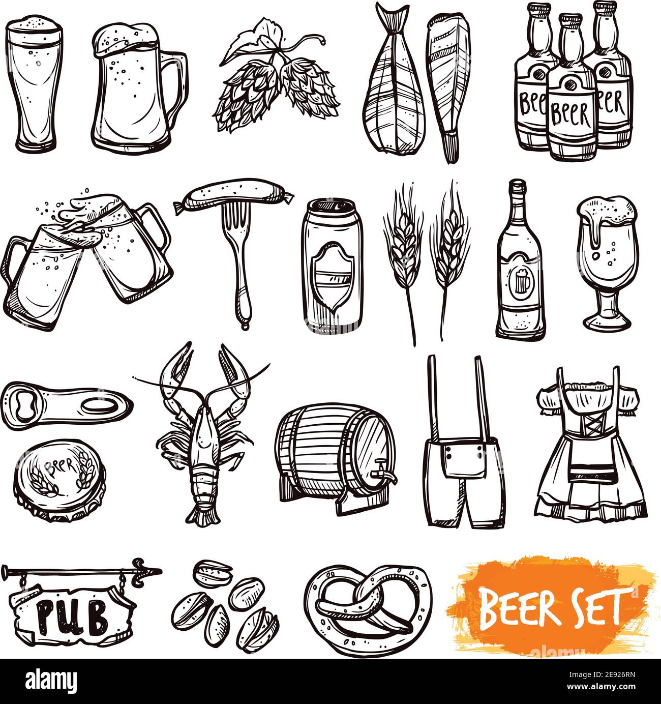Beer black pictograms set with oak barrel hop malted barley grain and ...