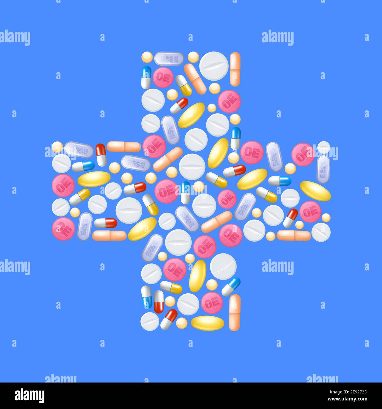 Medicine concept with pills and capsules in cross shape vector ...