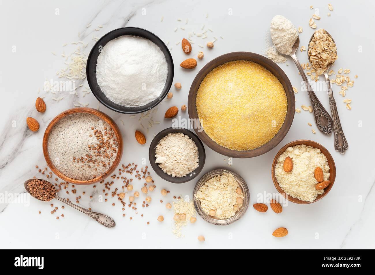 Gluten free concept showing the variety of types of flour - corn, rice ...