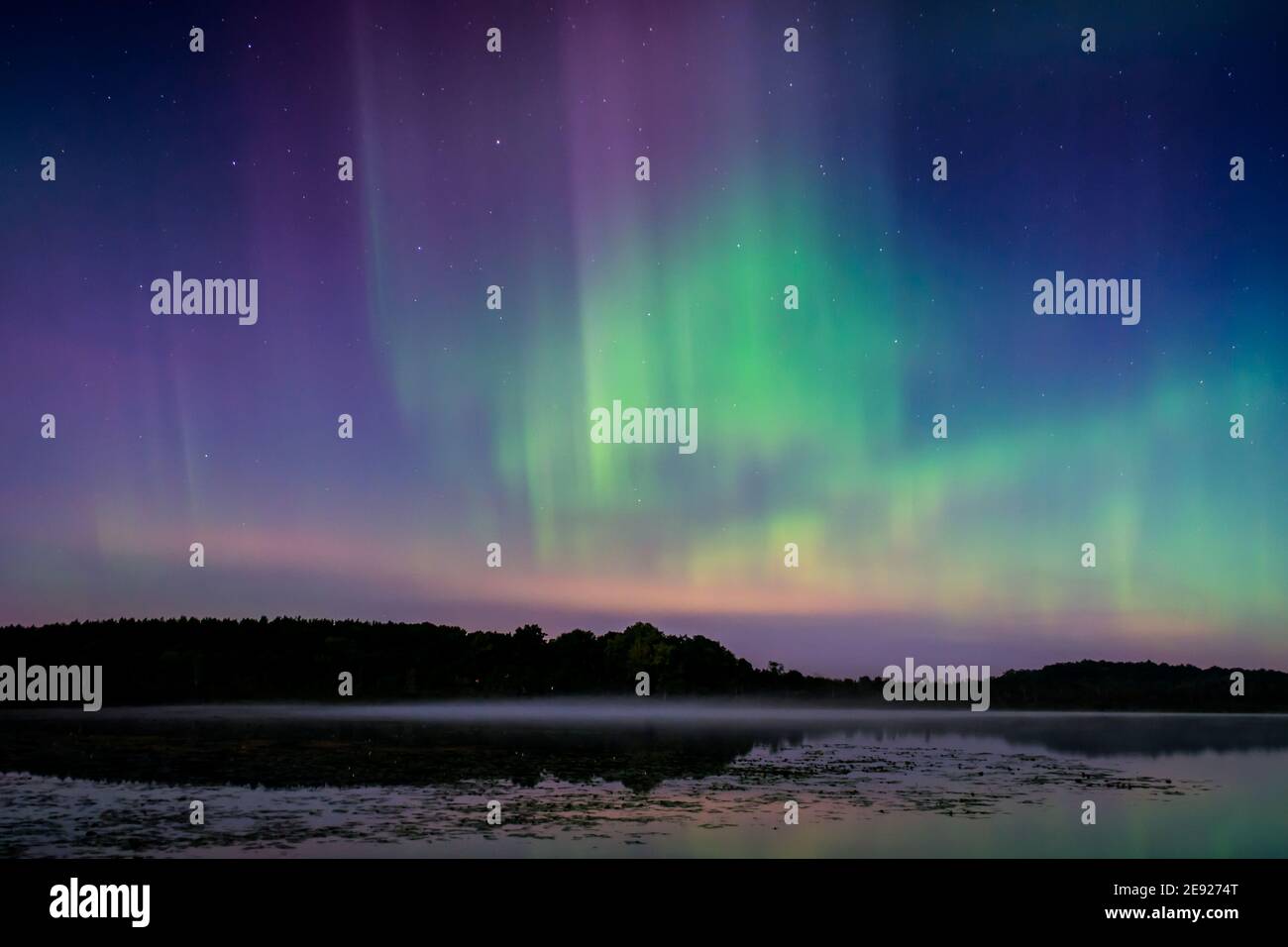 The northern lights, aurora borealis over a lake in Wisconsin Stock ...