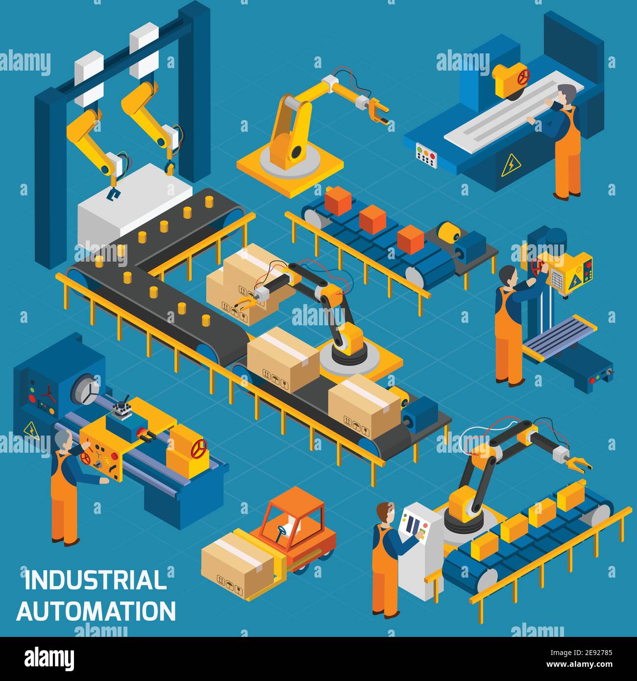 Isometric icons set with robotic machinery and operators of machine ...