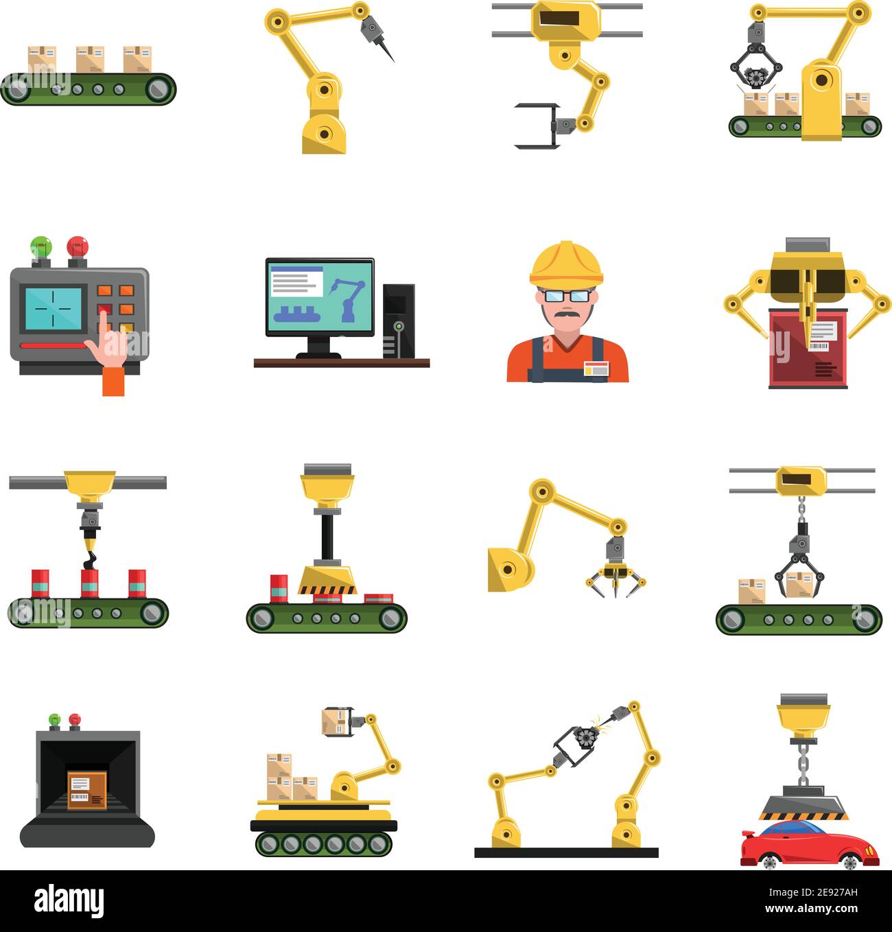 Robot icons set with conveyor mechanic and electronics symbols flat ...