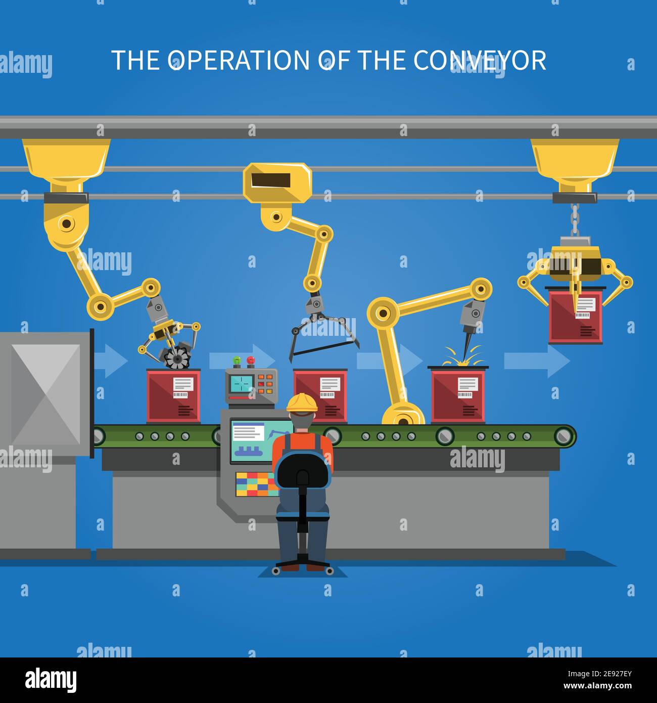 Robot operation of the conveyor with conveyor belt on blue background ...