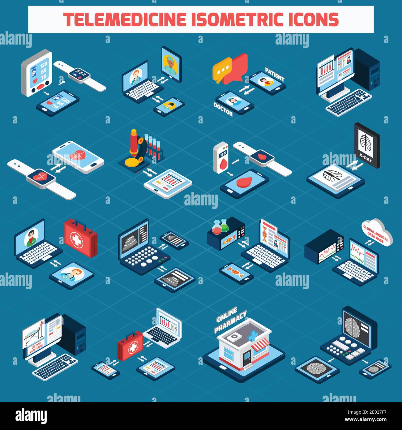 Telemedicine isometric icons set with 3d digital health devices ...