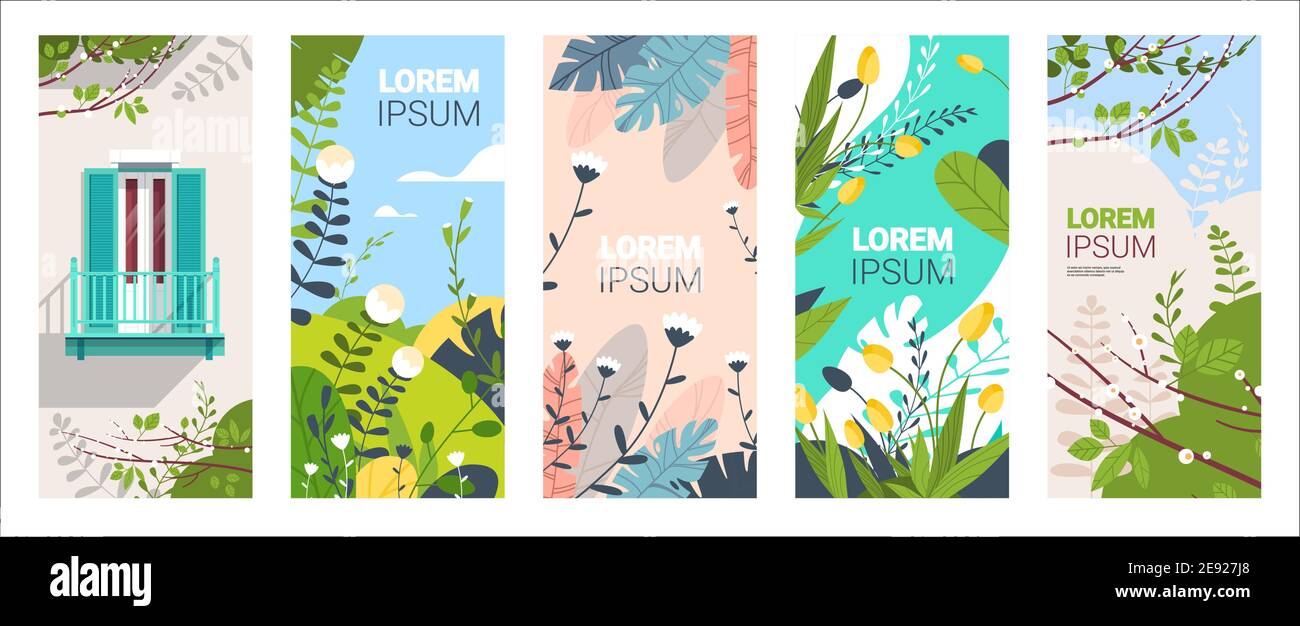 set beautiful flowers and leaves floral spring posters collection ...