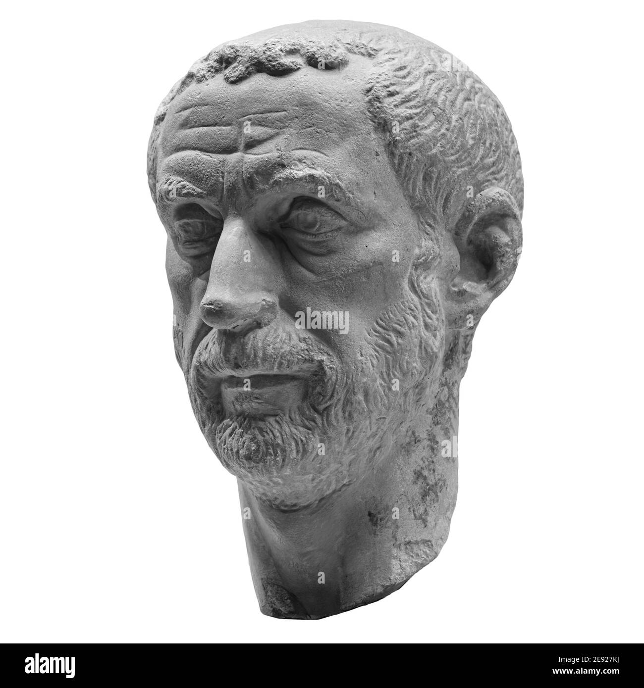 Head detail of the ancient man sculpture. Stone face isolated on white ...
