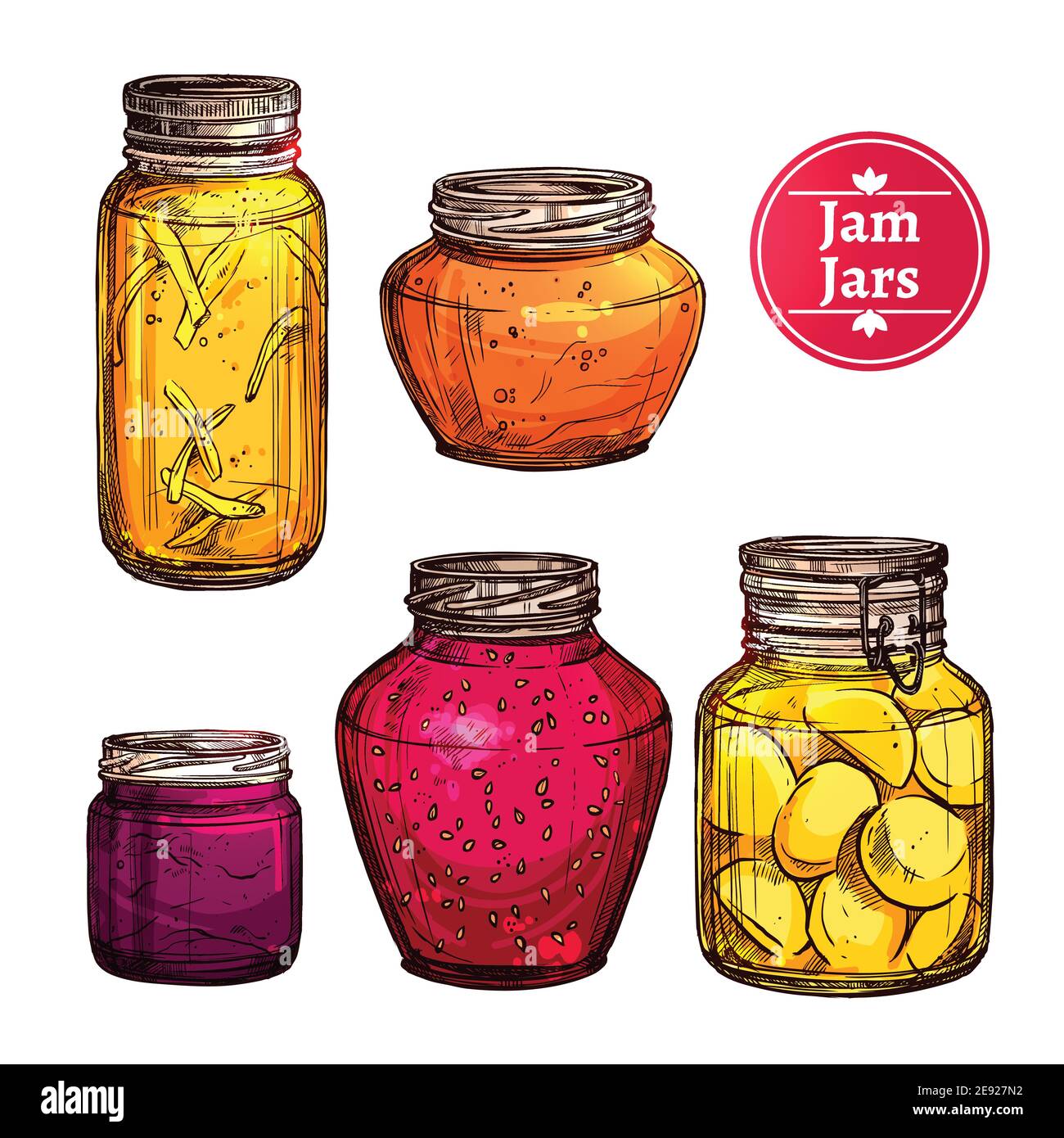 Colored hand drawn jam glass jars set isolated vector illustration ...