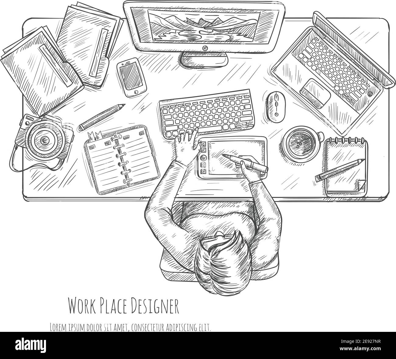 Designer workplace sketch with woman drawing on tablet top view vector ...