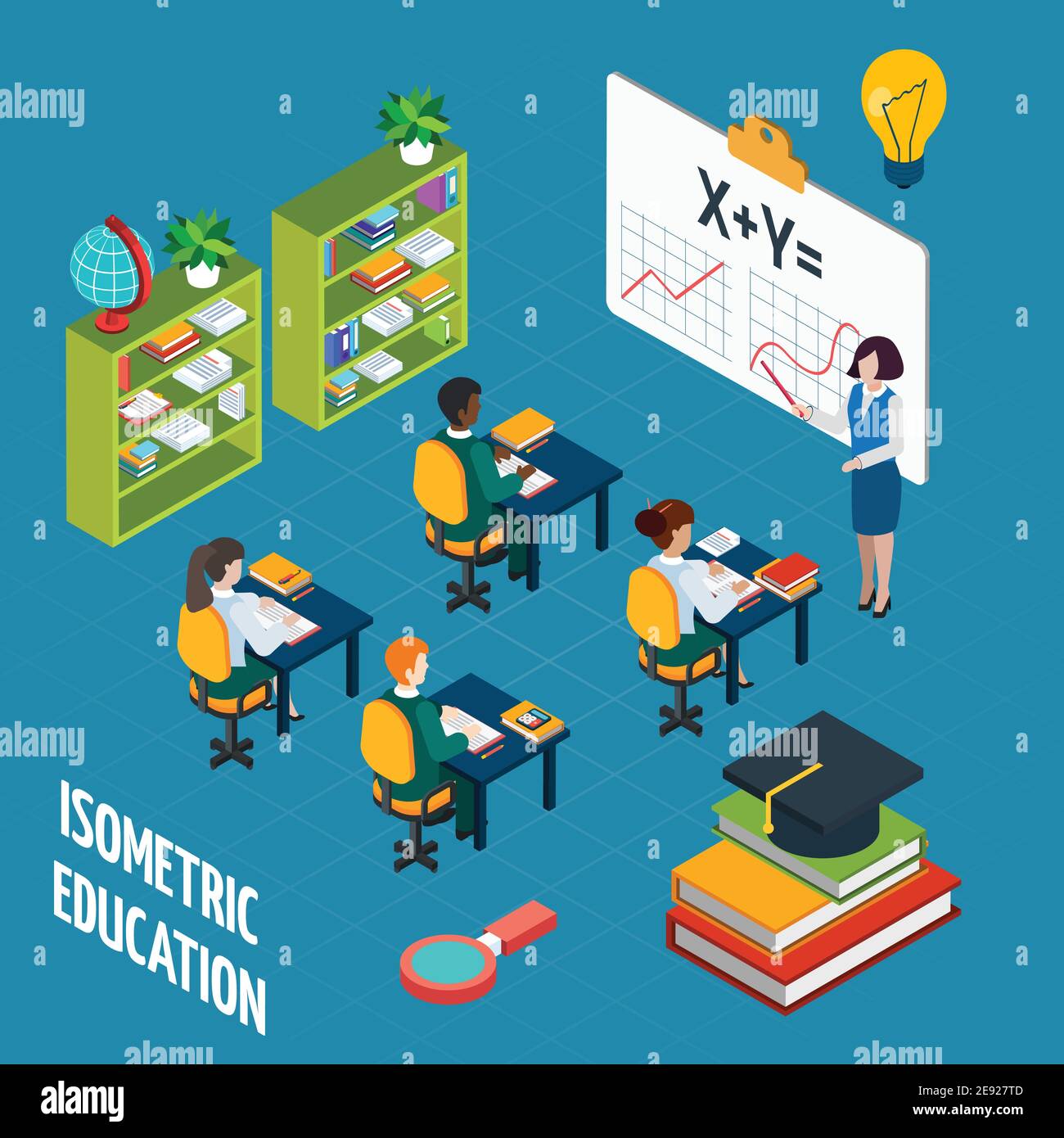 School education isometric design concept with teacher at blackboard ...