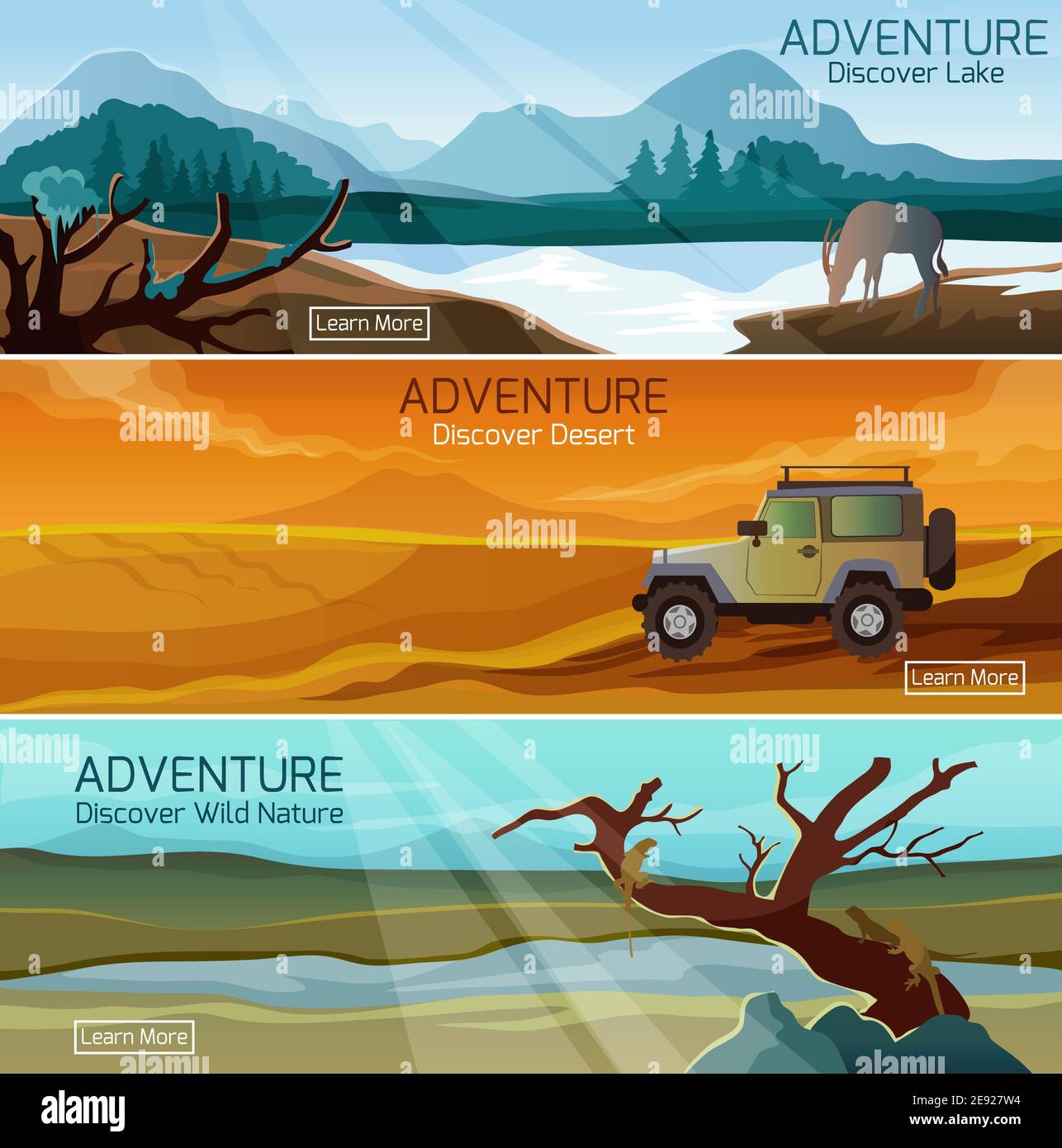 Discover nature wild life 3 flat banners set with lake and desert ...