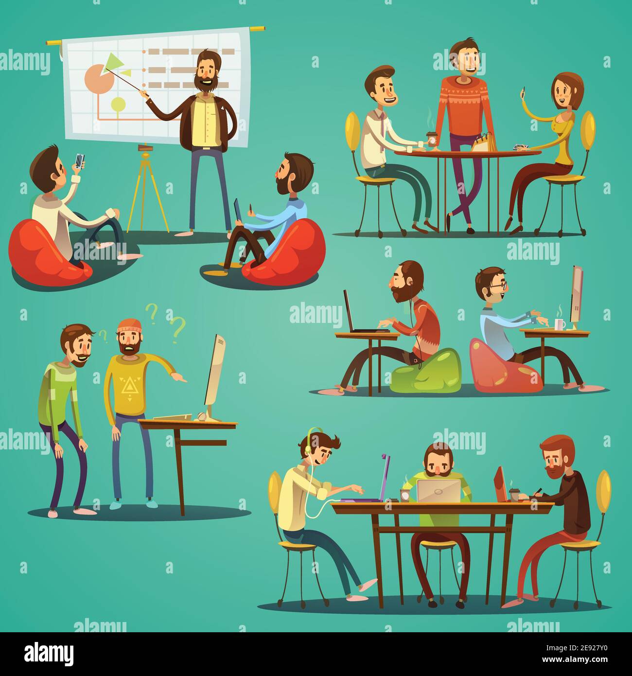 Coworking retro cartoon set with freelancers working in creative space ...