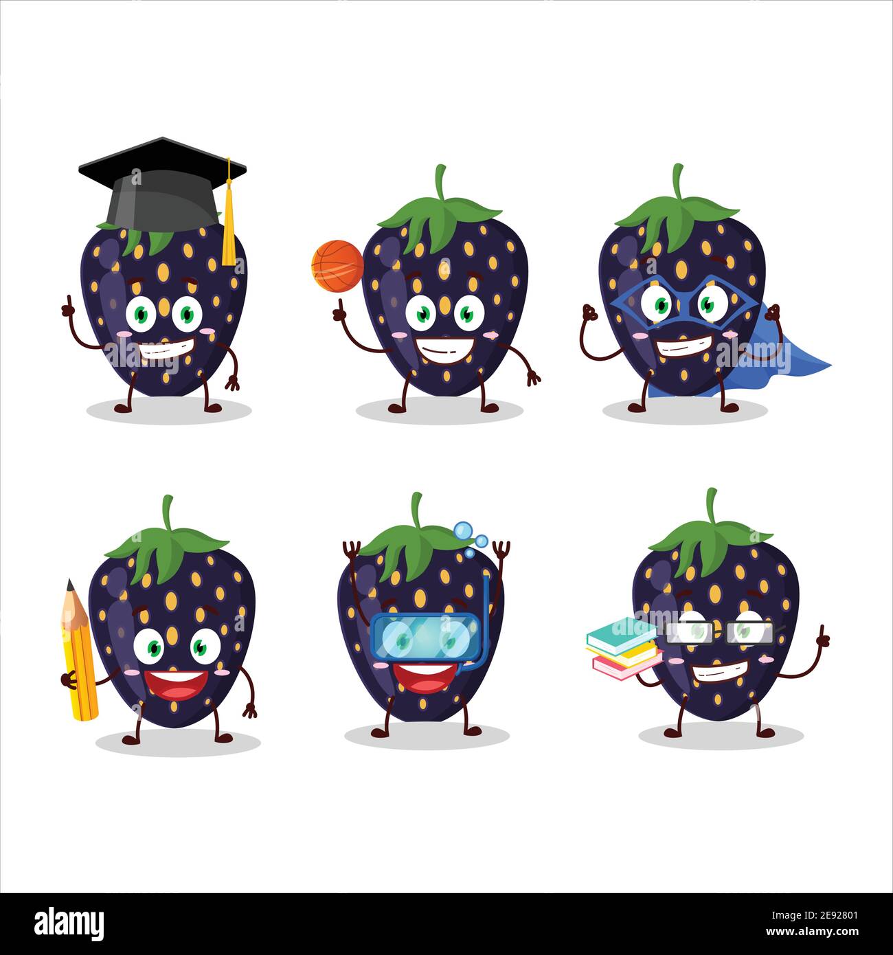 School student of black strawberry cartoon character with various ...