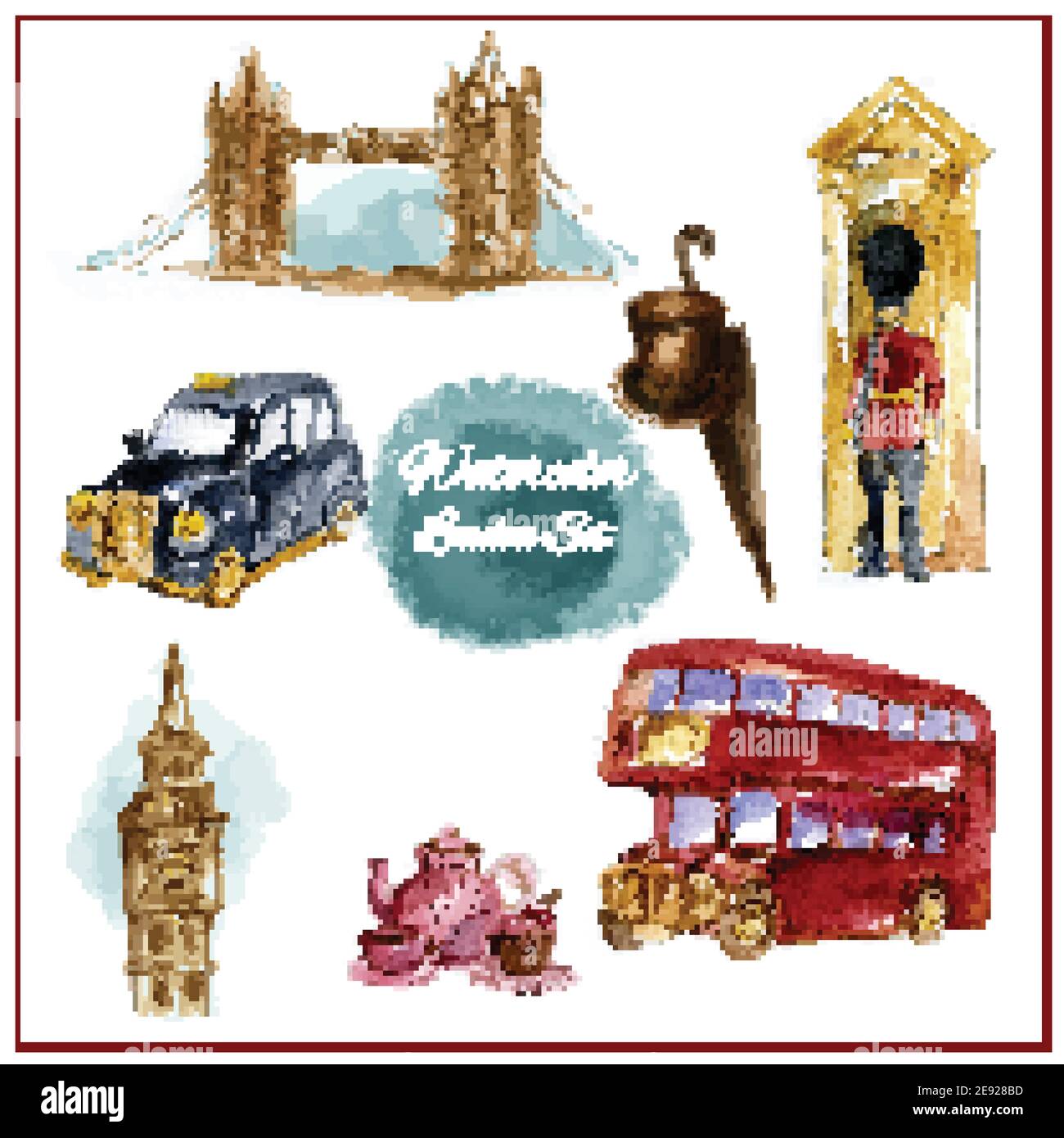 Watercolor london set with red telephone booth bus tower bridge ...