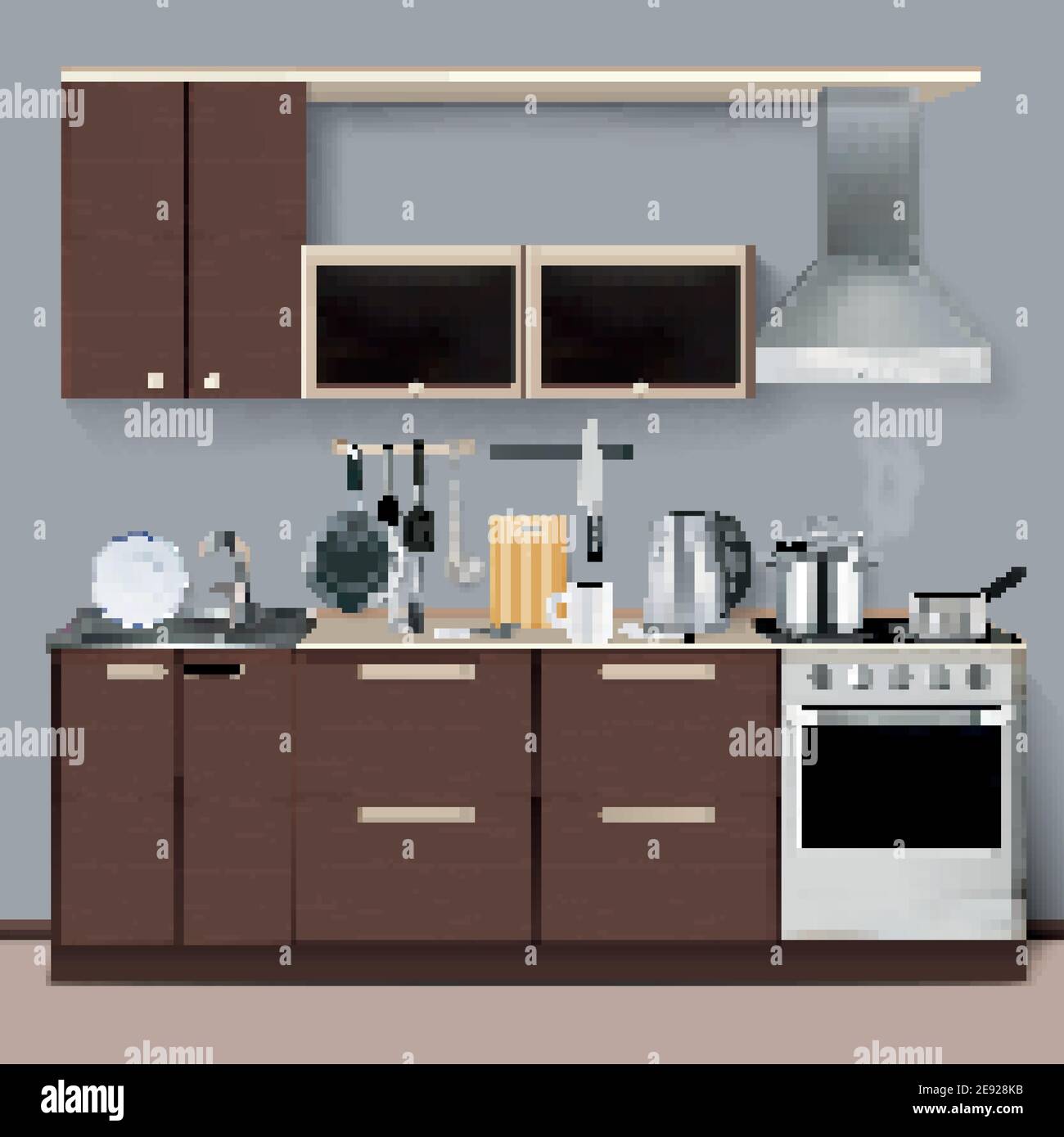 Realistic kitchen interior with cupboards cooker hood and sink vector ...