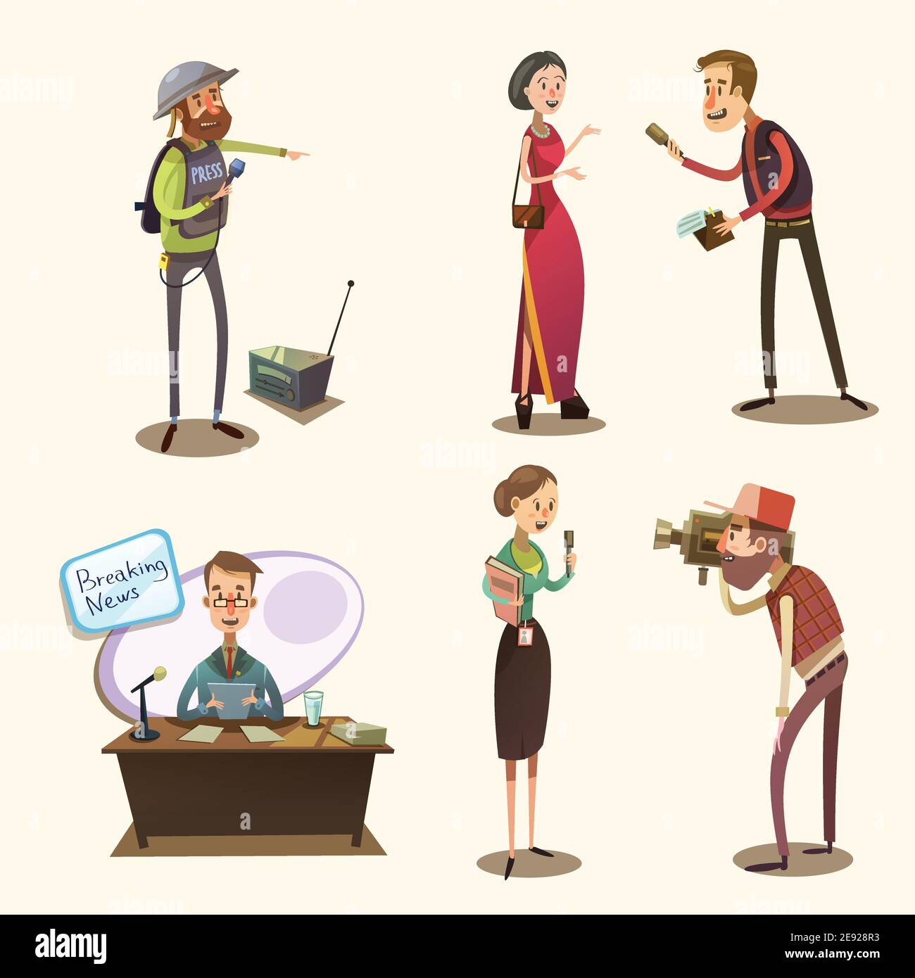 Journalist characters retro cartoon set with reporter camera man and ...