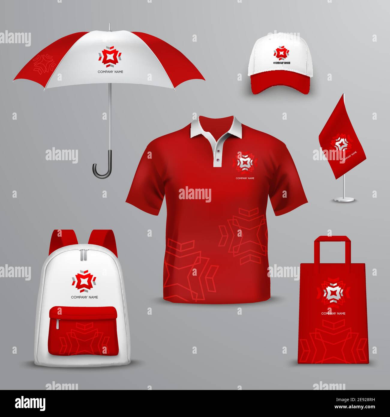 Promotional souvenirs for company in red and white colors design icons ...