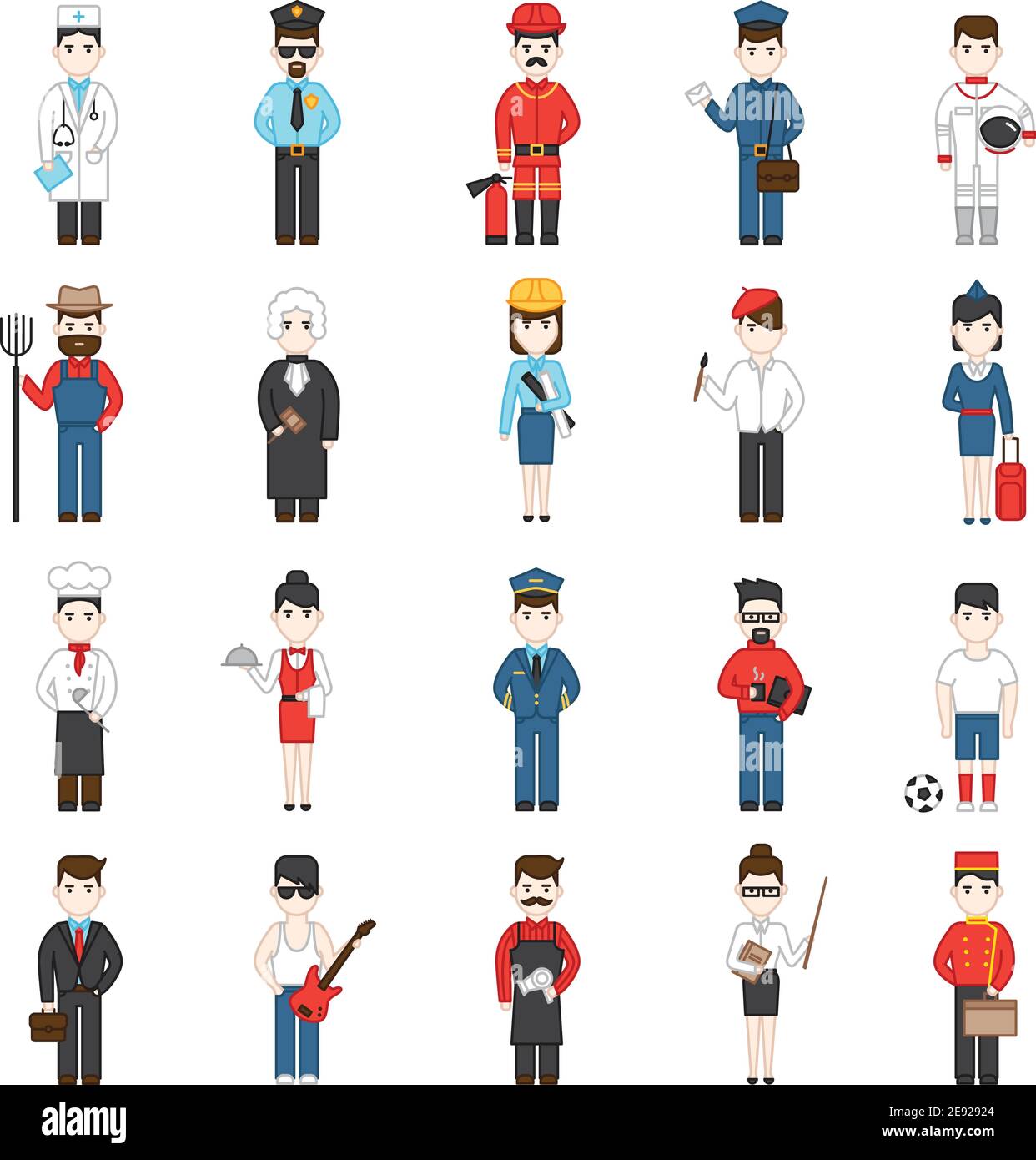 Twenty cartoon characters of different professions in uniform ...
