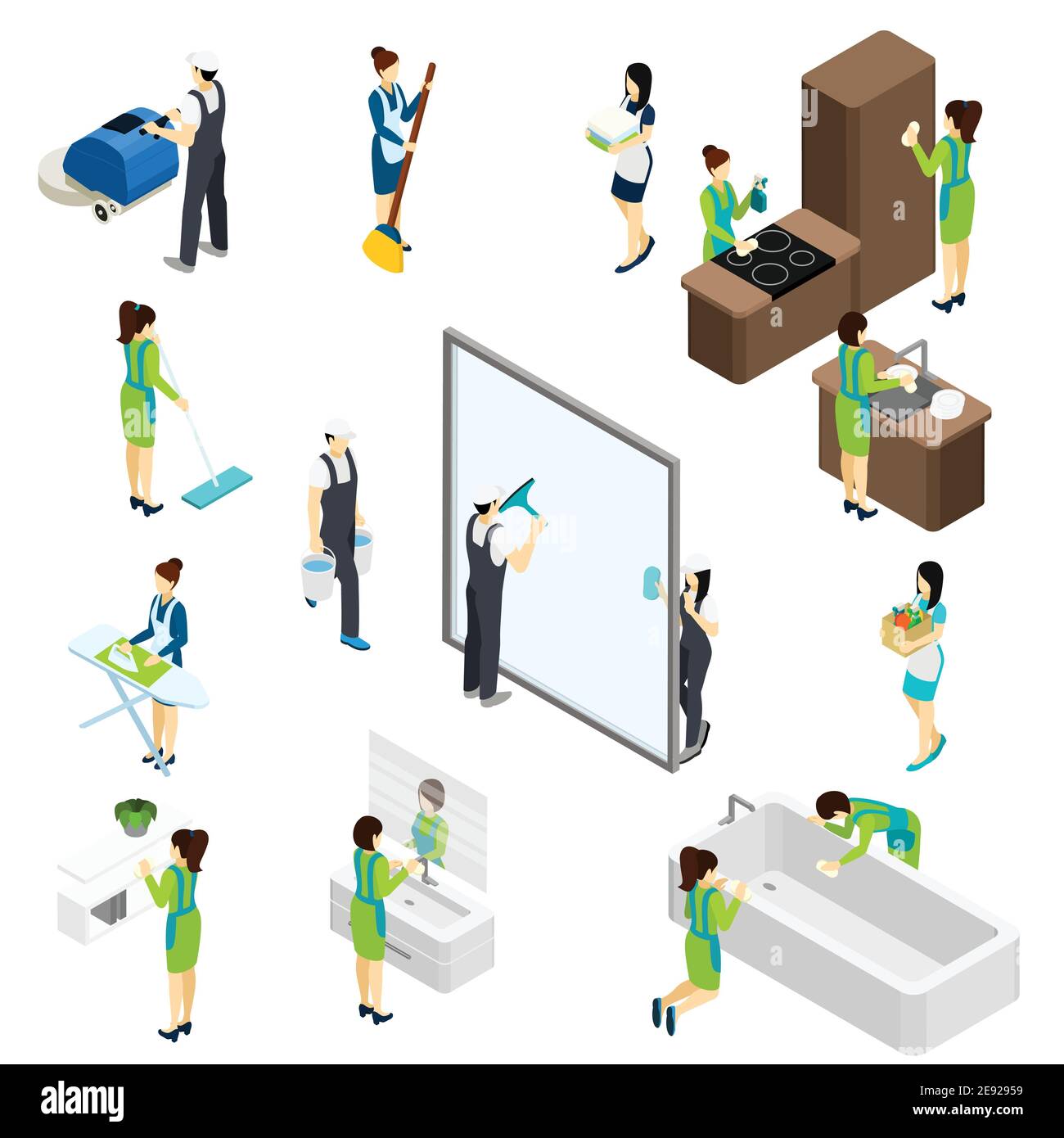 Professional cleaning team at work isometric icons composition banner ...